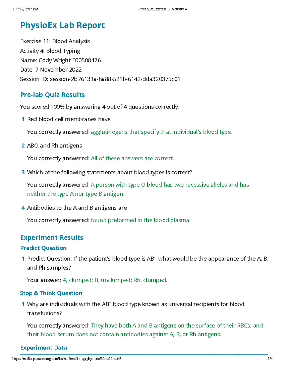 Physio Ex Exercise 11 Activity 4 - PhysioEx Lab Report Exercise 11: Blood Analysis Activity 4 ...