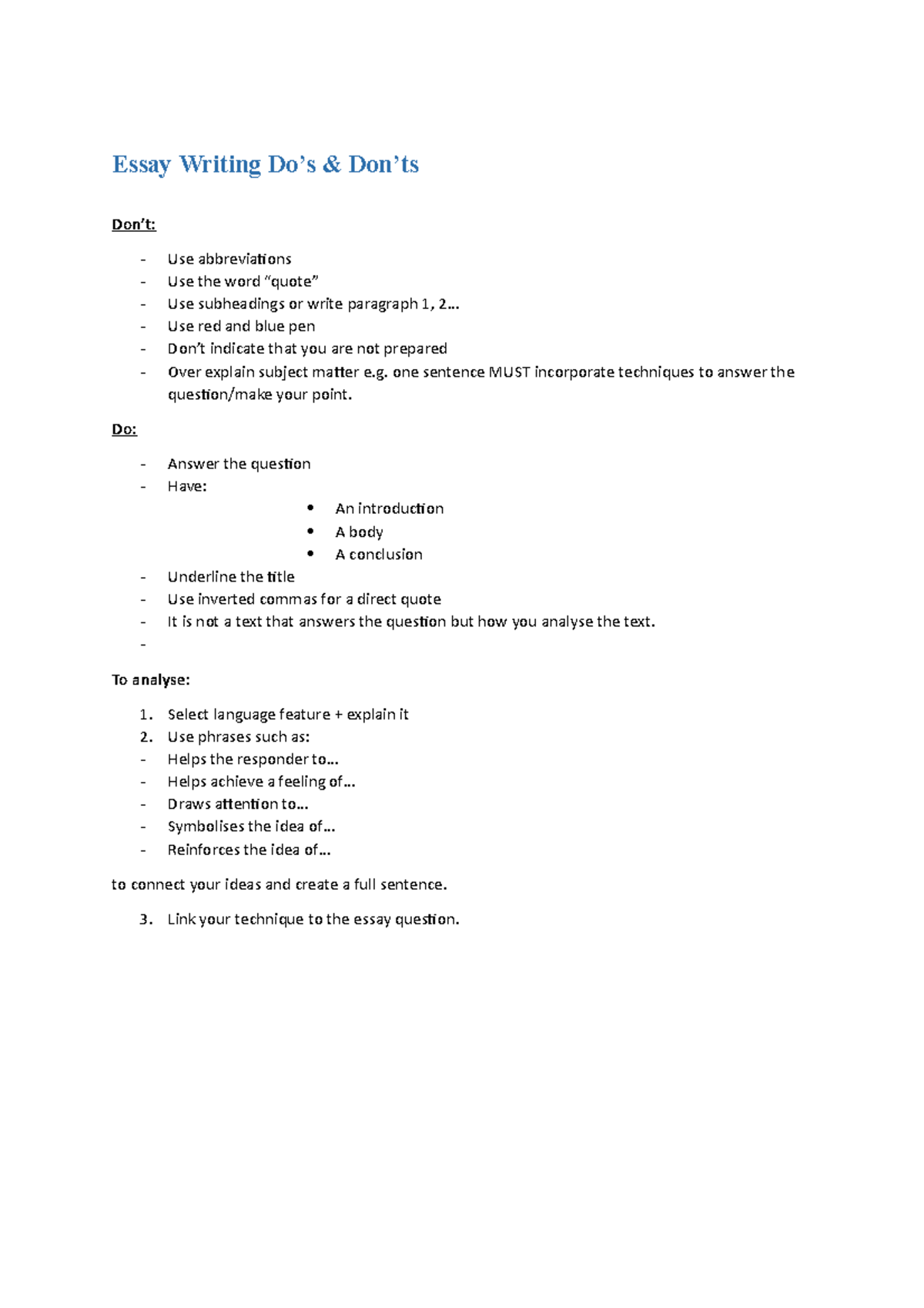Essay writing & evaluative language - Essay Writing Do’s & Don’ts Don’t ...