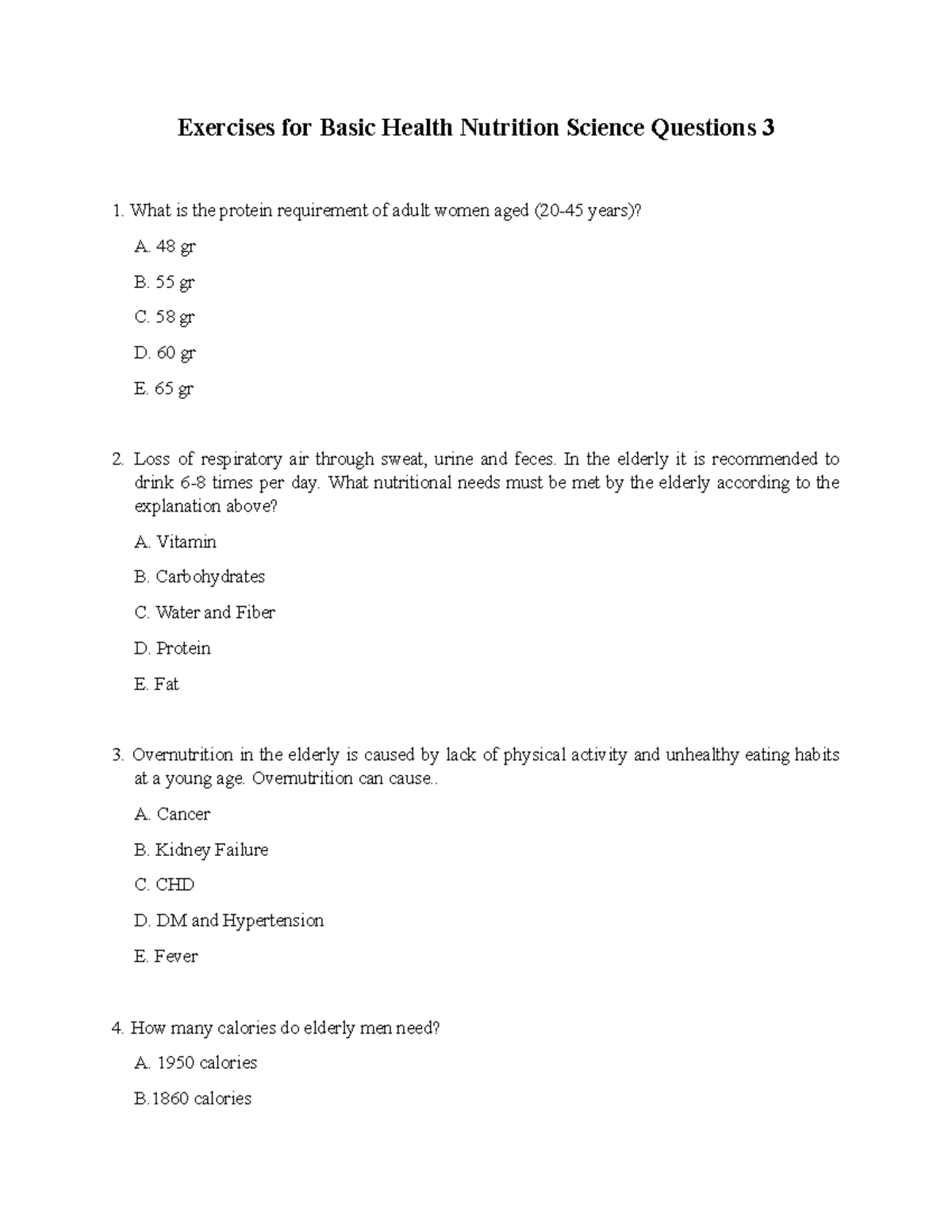 Exercises for Basic Health Nutrition Science Questions 3 - 48 gr B. 55 ...