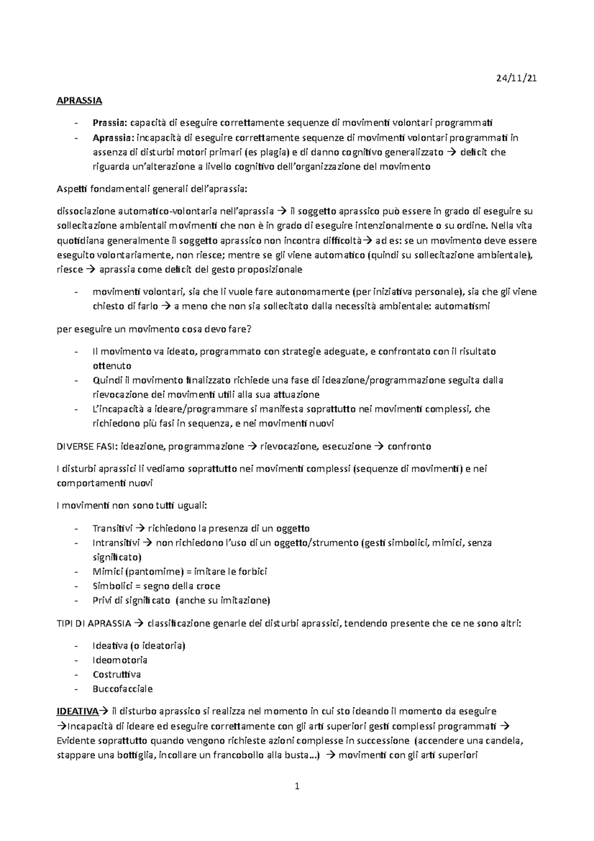 Aprassia - Appunti di lezione TUTTE - 24/11/ APRASSIA - Prassia ...