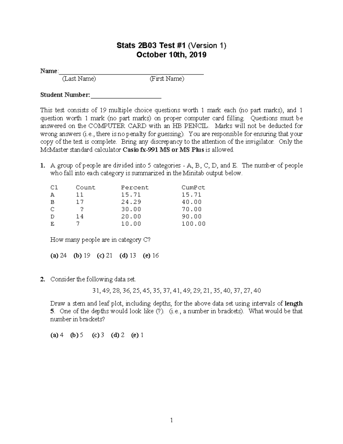 Test 14 October 2019, questions and answers - Stats 2B03 Test (Version ...