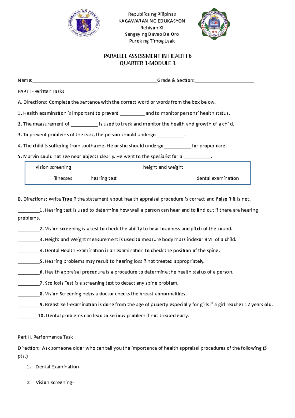Parallel Assessment IN Health 6 Q1 M3 - PARALLEL ASSESSMENT IN HEALTH 6 ...