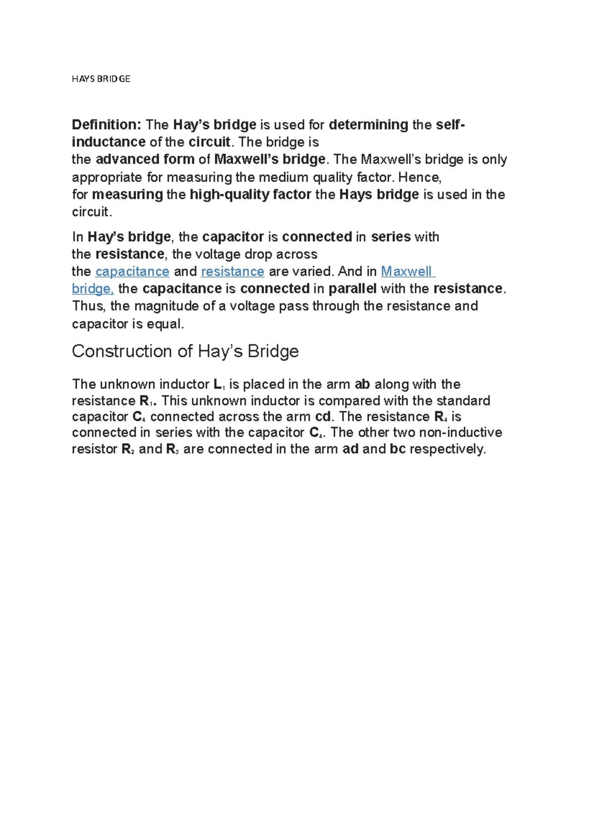 HAYS Bridge - unit 3 portion - HAYS BRIDGE Definition: The Hay’s bridge ...