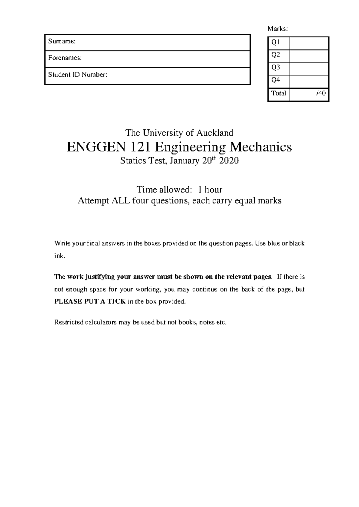 2020 SS Statics Test - Surname: Forenames: Student ID Number: The ...