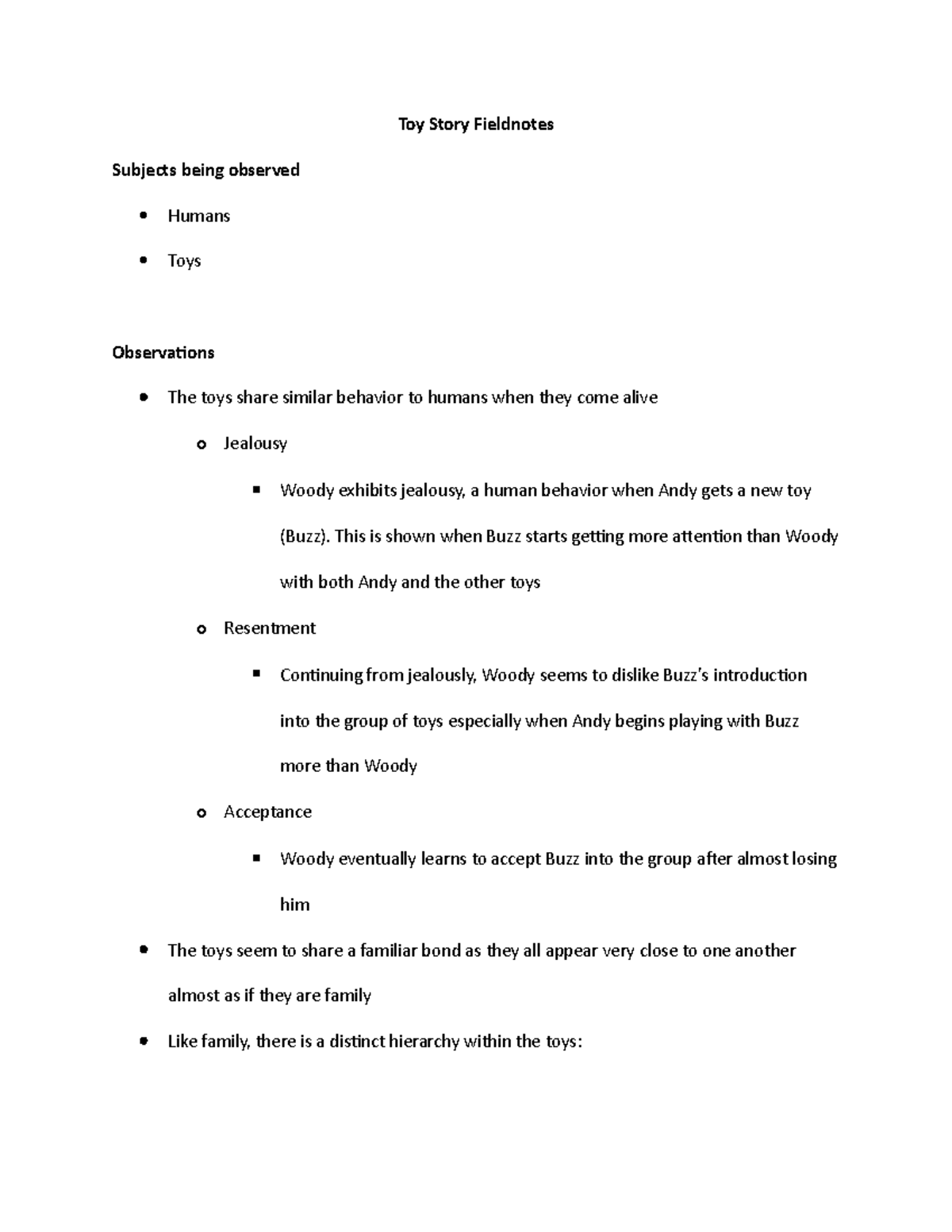 Toy Story Fieldnotes - graded notes for essay - Toy Story Fieldnotes ...