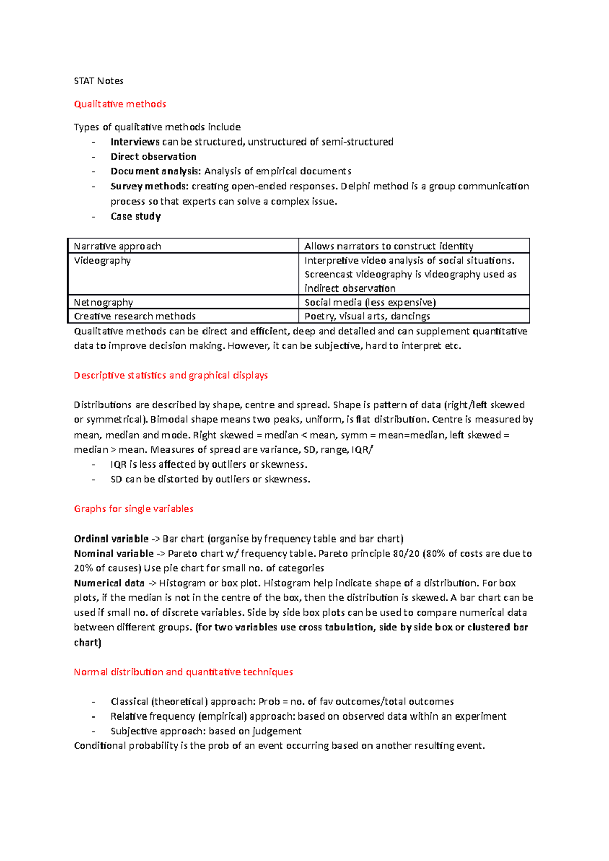 STAT Notes - STAT Notes Qualitative methods Types of qualitative ...