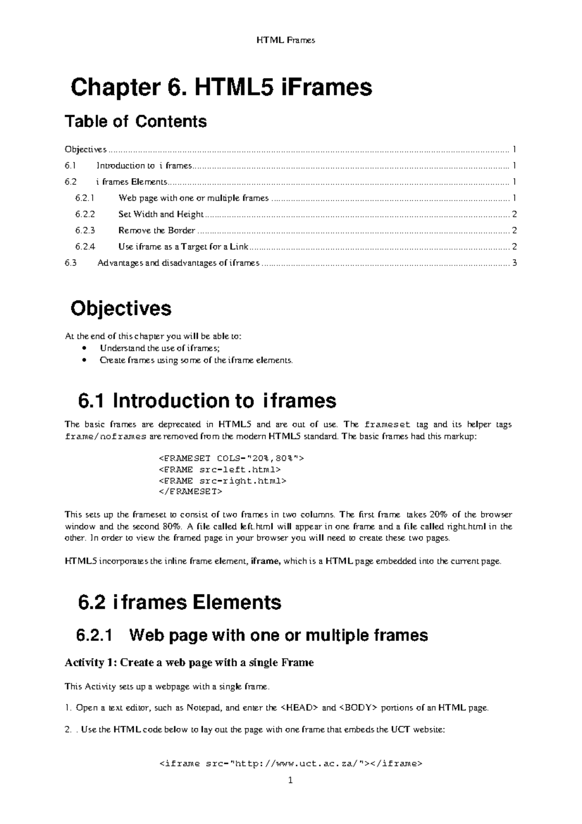 Chp06 - NOTES - HTML Frames 1 Chapter 6. HTML5 iFrames Table of ...