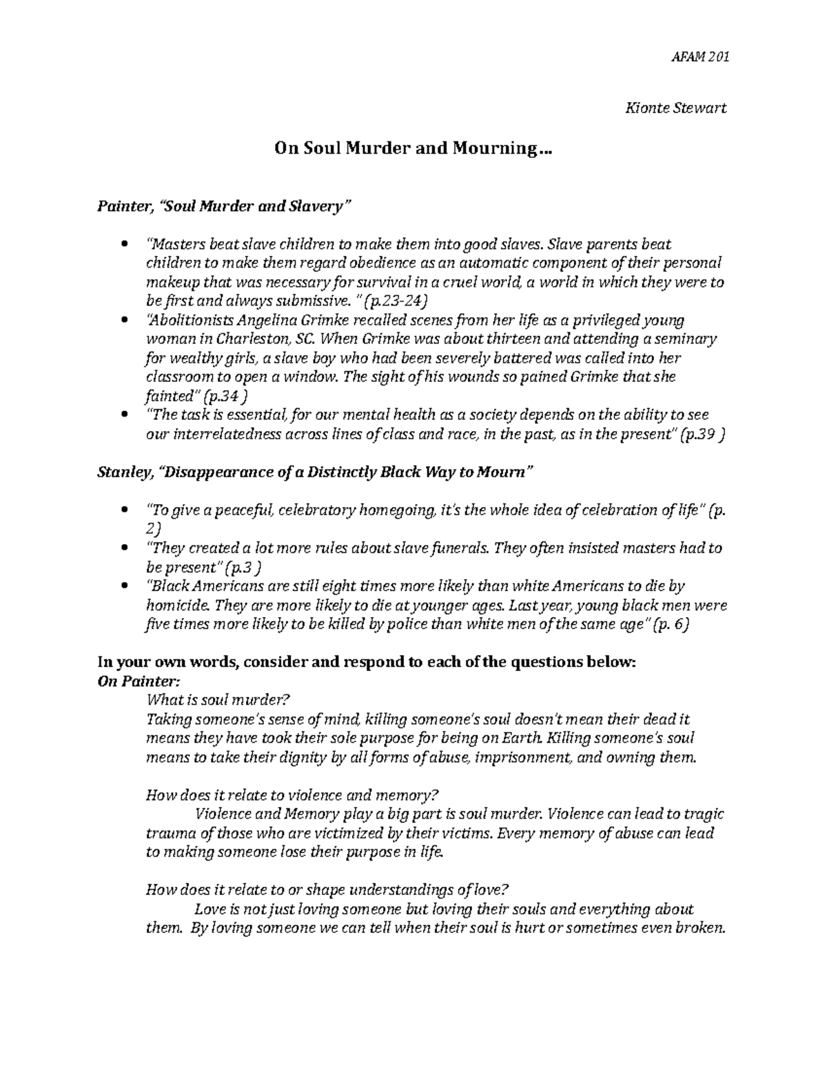 On Soul Murder and Mourning - AFAM 201 Kionte Stewart On Soul Murder ...