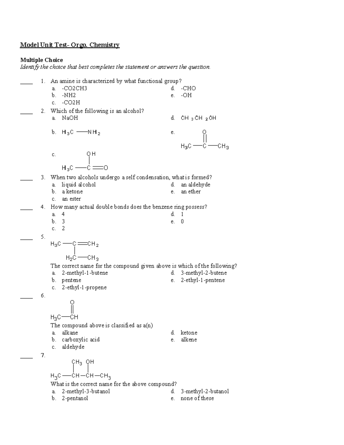 Model Unit Test -Org Chemistry with Answers - Model Unit Test- Orgo ...