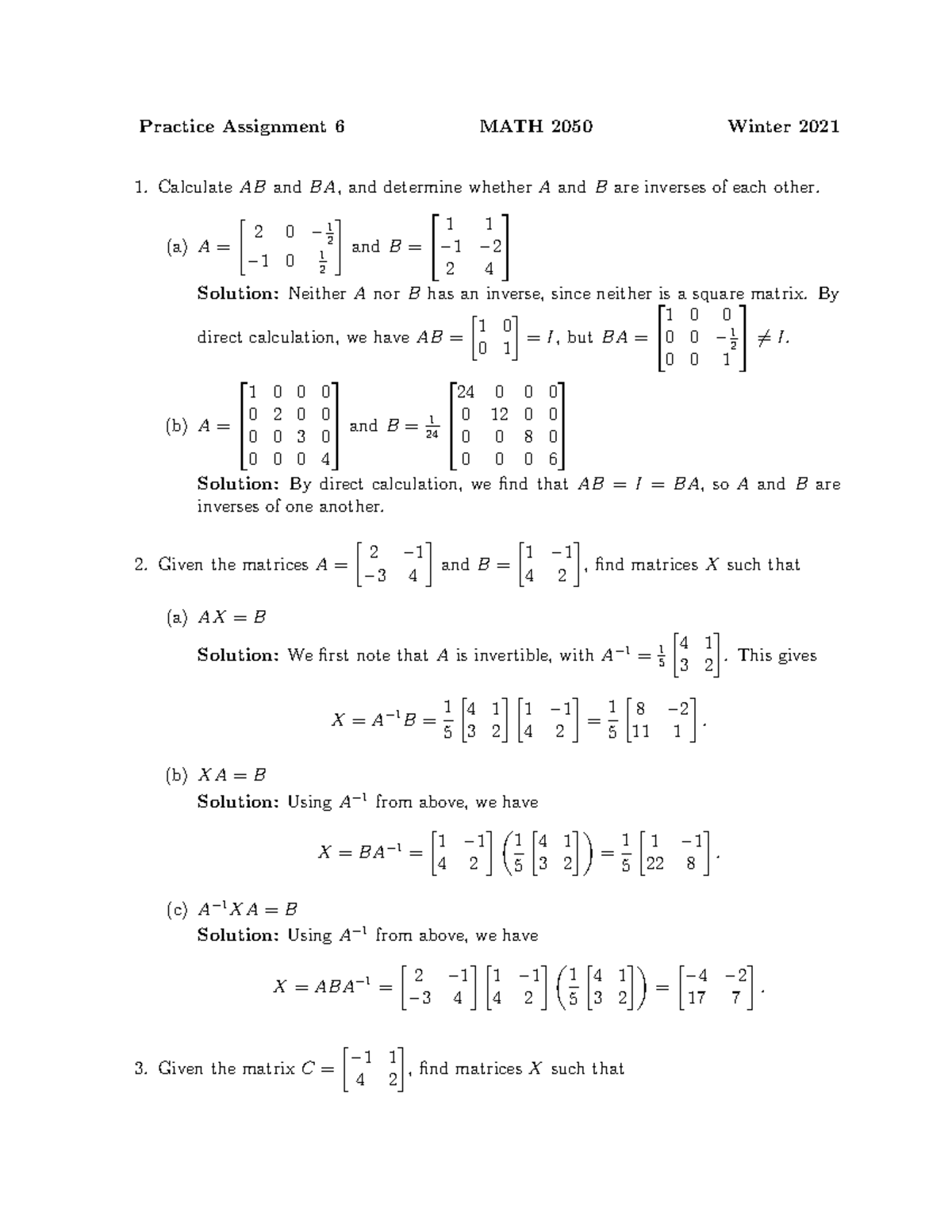 2050-assignment 6-solution - Practice Assignment 6 MATH 2050 Winter 2021 CalculateABandBA, and ...