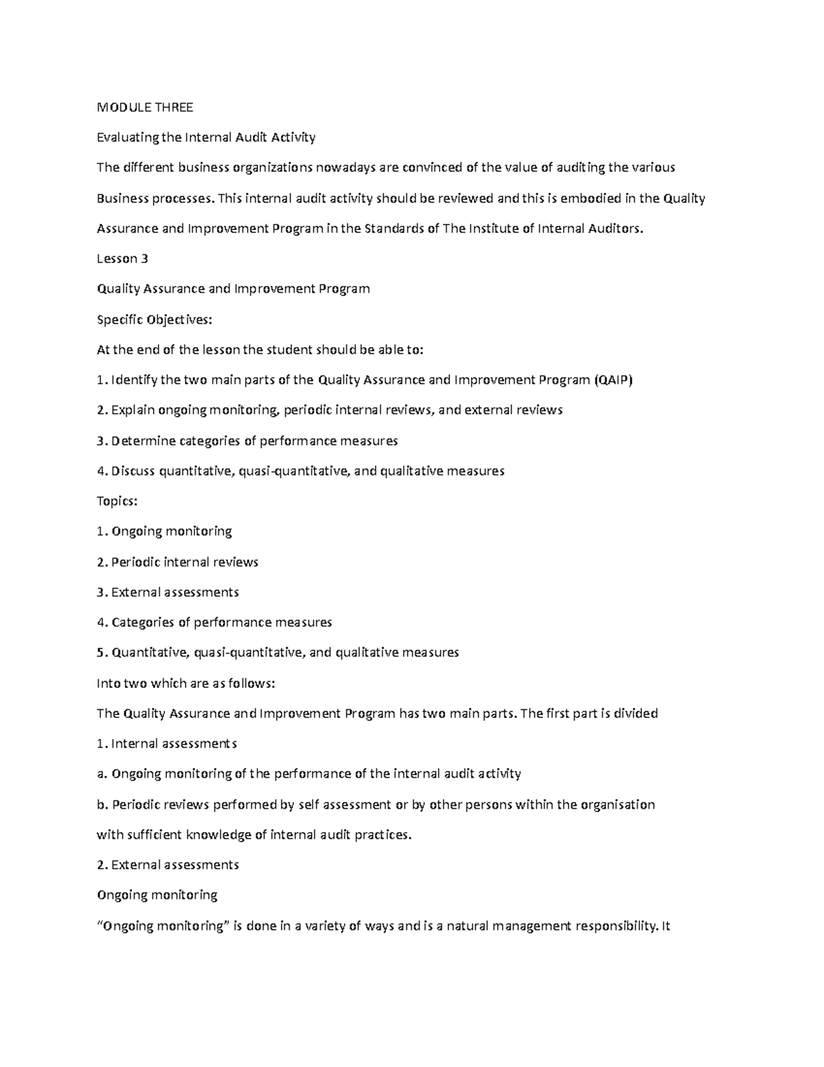 Document - Notes - MODULE THREE Evaluating the Internal Audit Activity ...