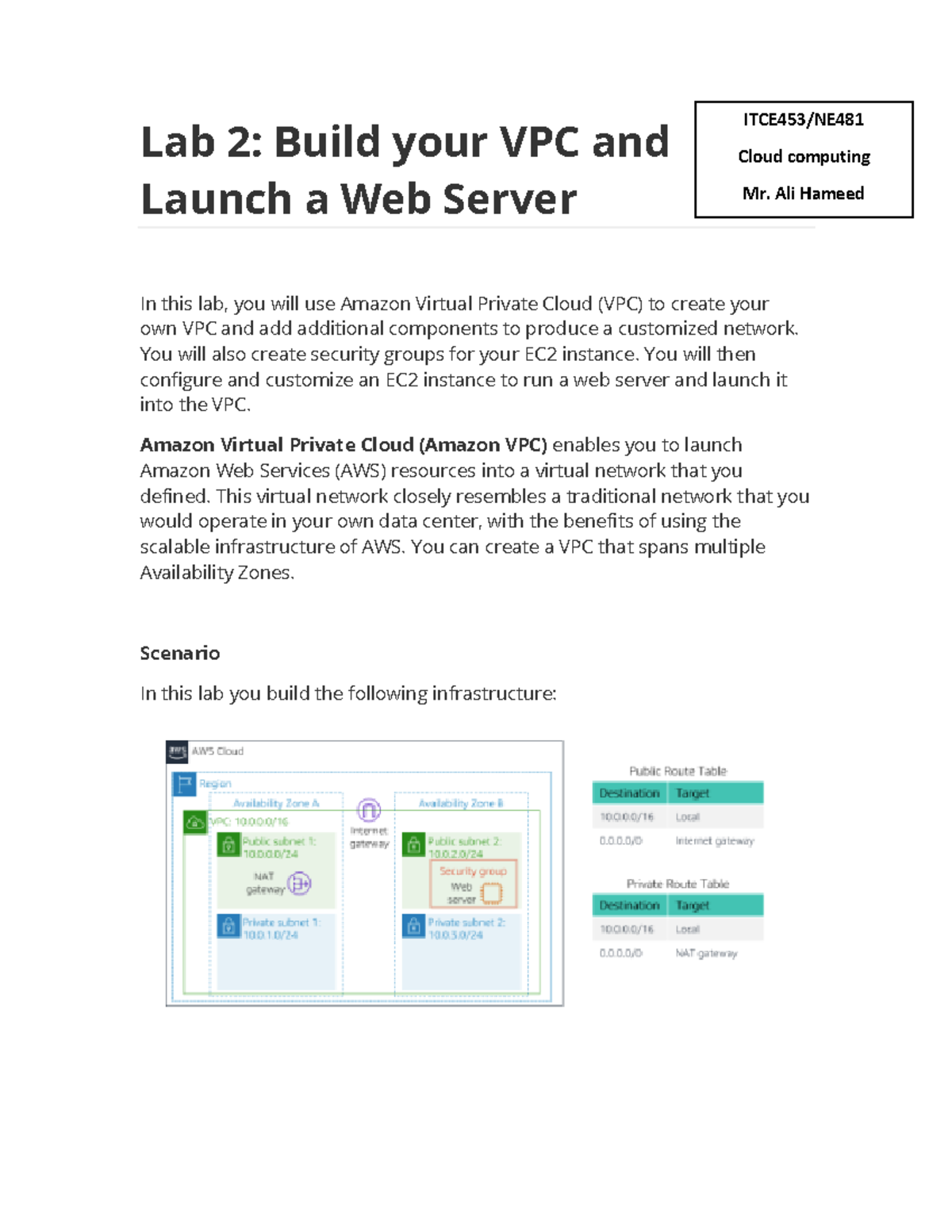 Itce453 Lab 2 Lab 2 Build Your Vpc And Launch A Web Server In This