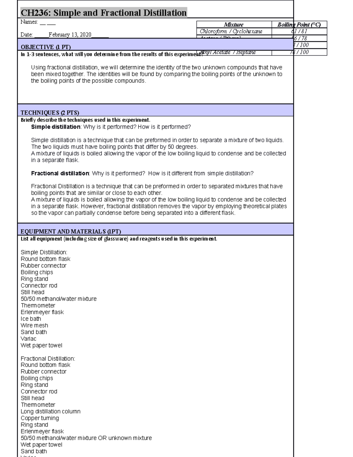 Simple and Fractional Distillation Worksheet - Mixture Boiling Point ...