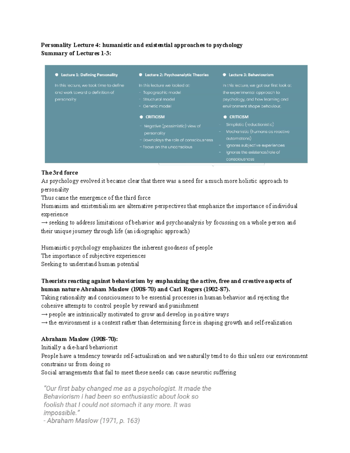 Psychology Lectures Week 8 - Personality Lecture 4: humanistic and ...