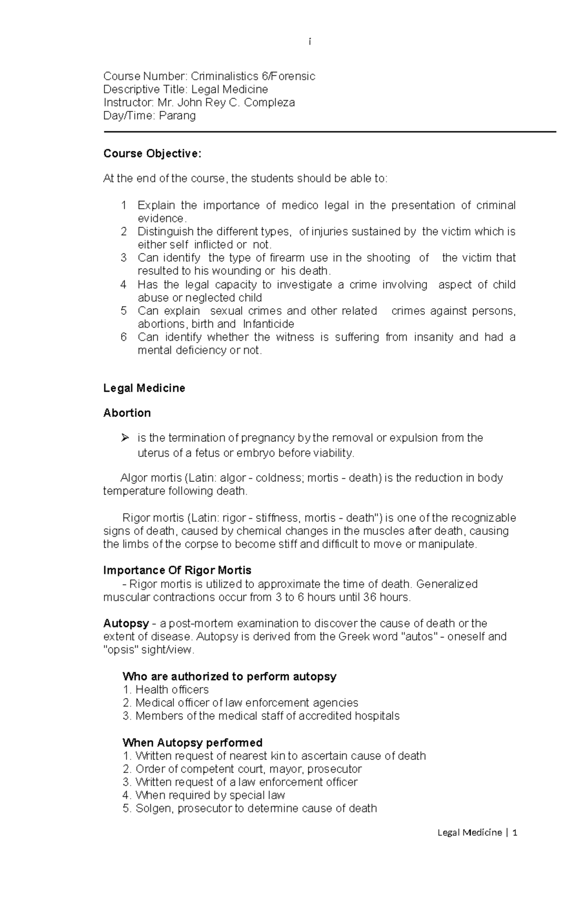 Legal Medicine - Course Number: Criminalistics 6/Forensic Descriptive ...
