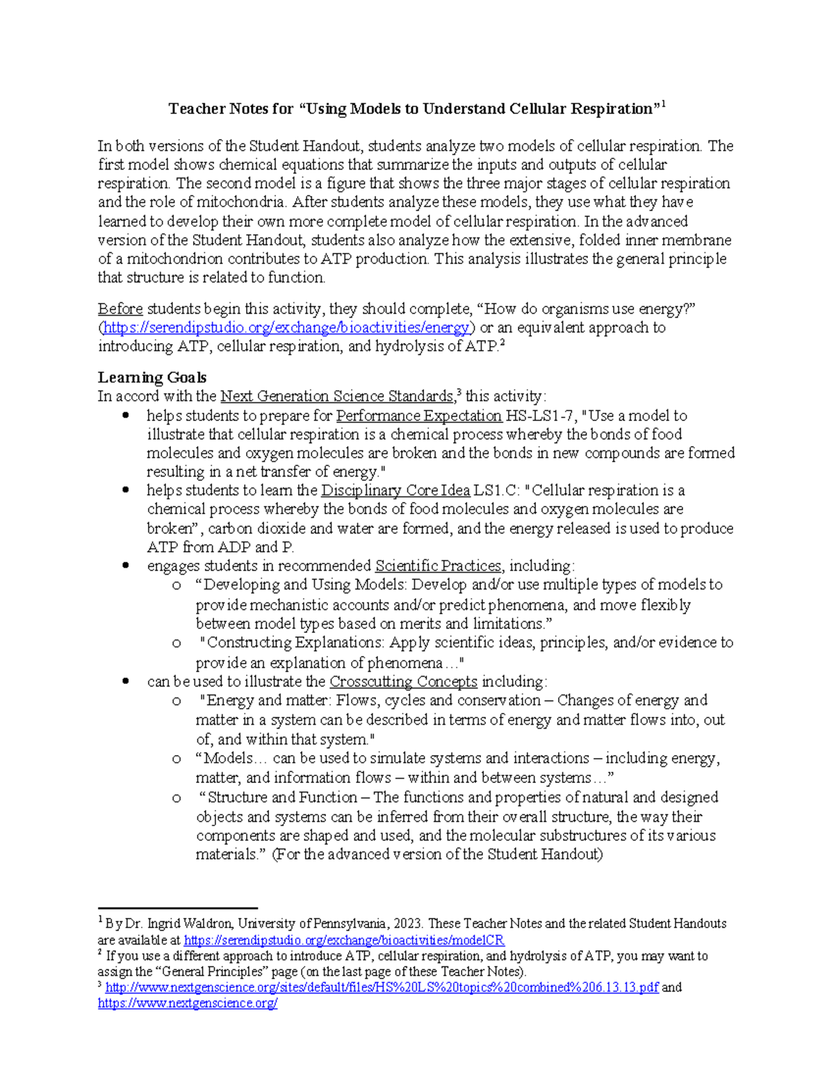Cellular respiration model TN - Teacher Notes for “Using Models to ...