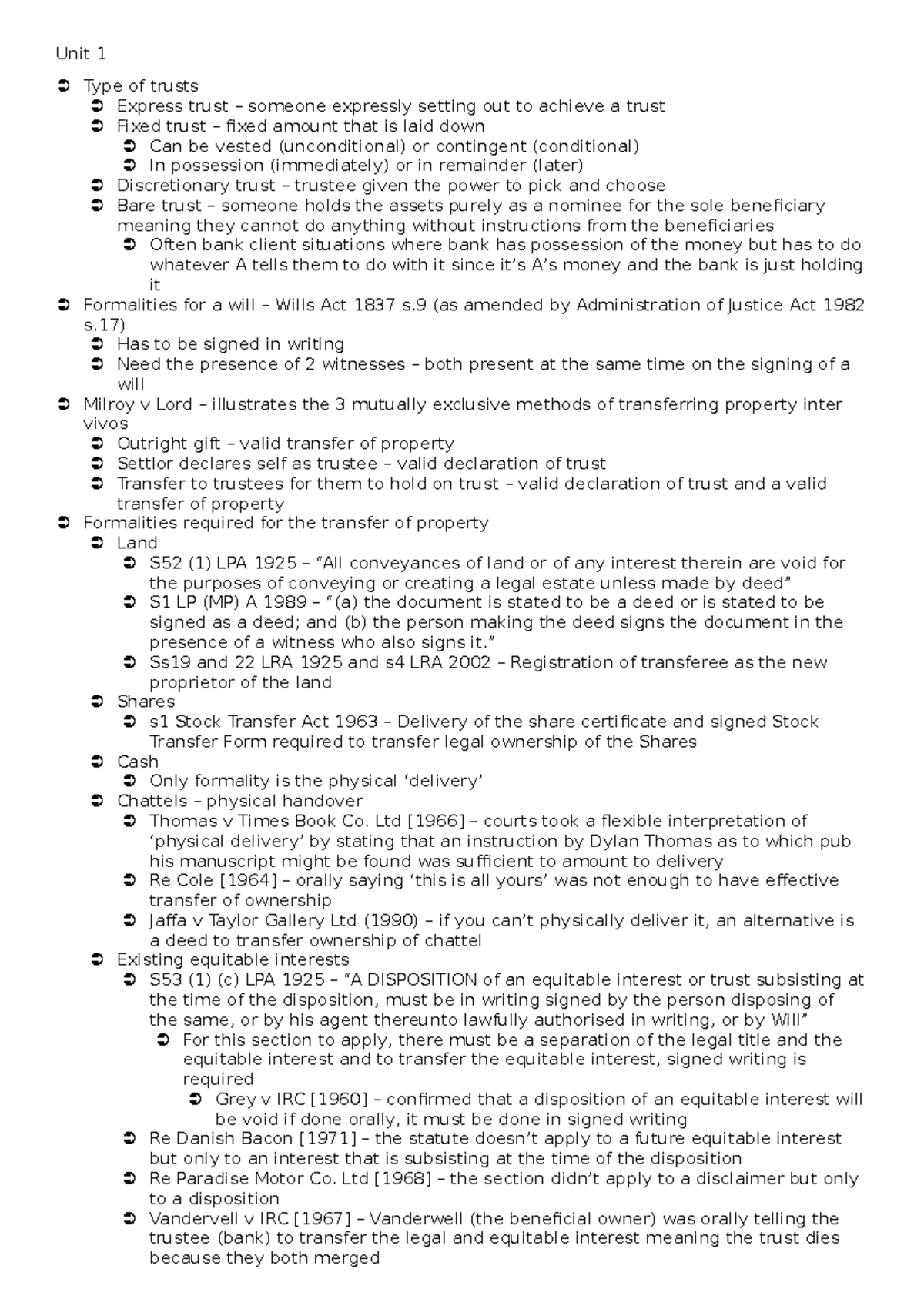 Summary - Unit 1 Type of trusts Express trust – someone expressly ...