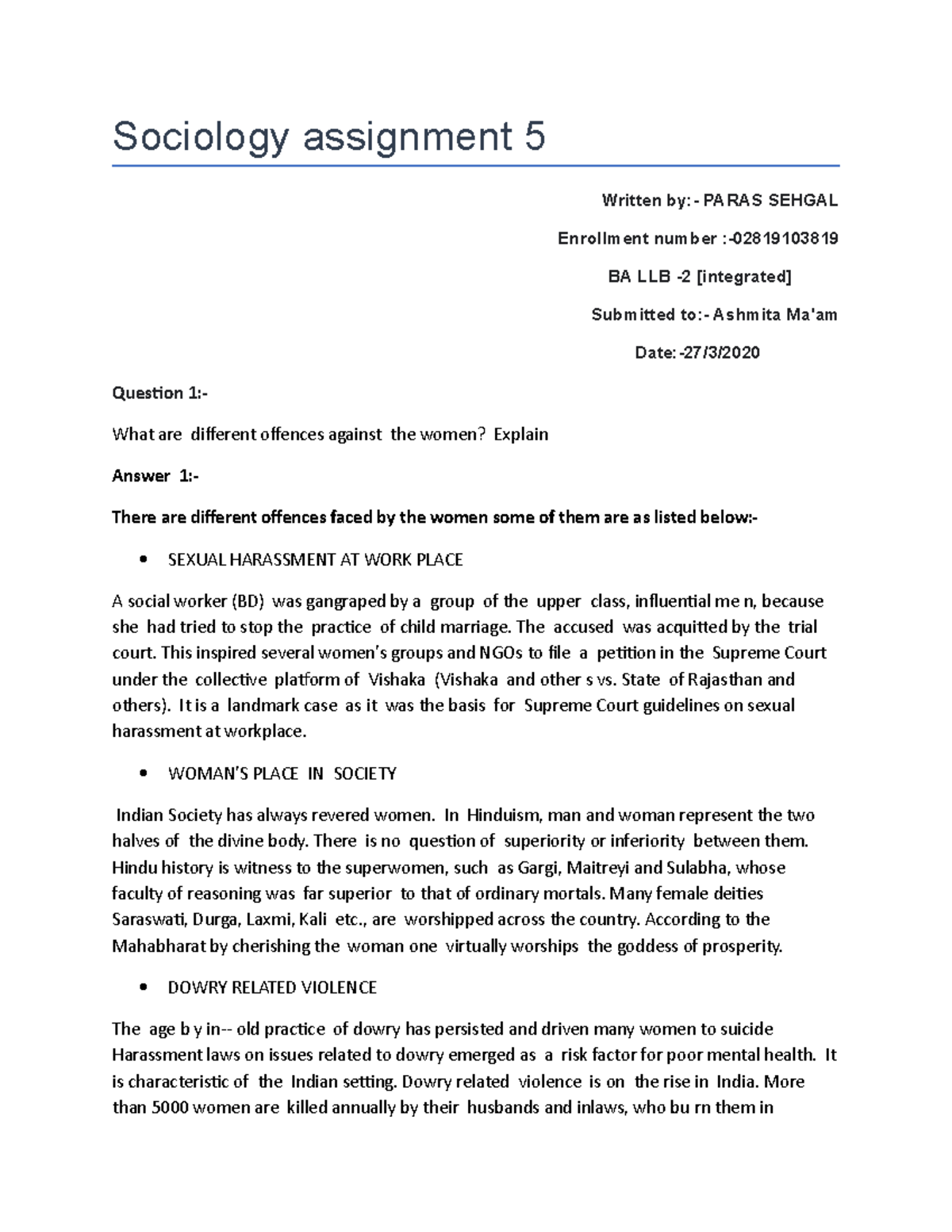 Sociology assignment 4 made by paras sehgal ballb 2 enrollment number ...