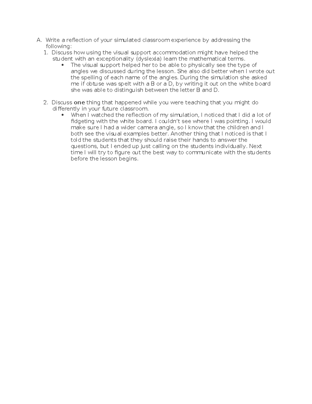 Diverse Learners Task 2 - A. Write a reflection of your simulated ...