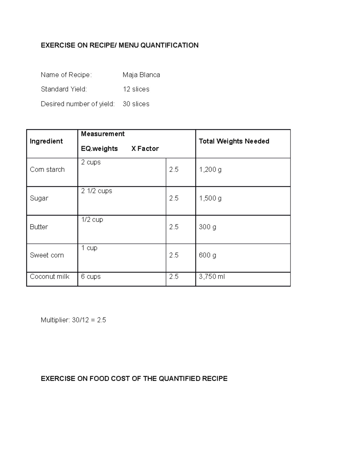 Exercise ON Recipe - EXERCISE ON RECIPE/ MENU QUANTIFICATION Name of ...