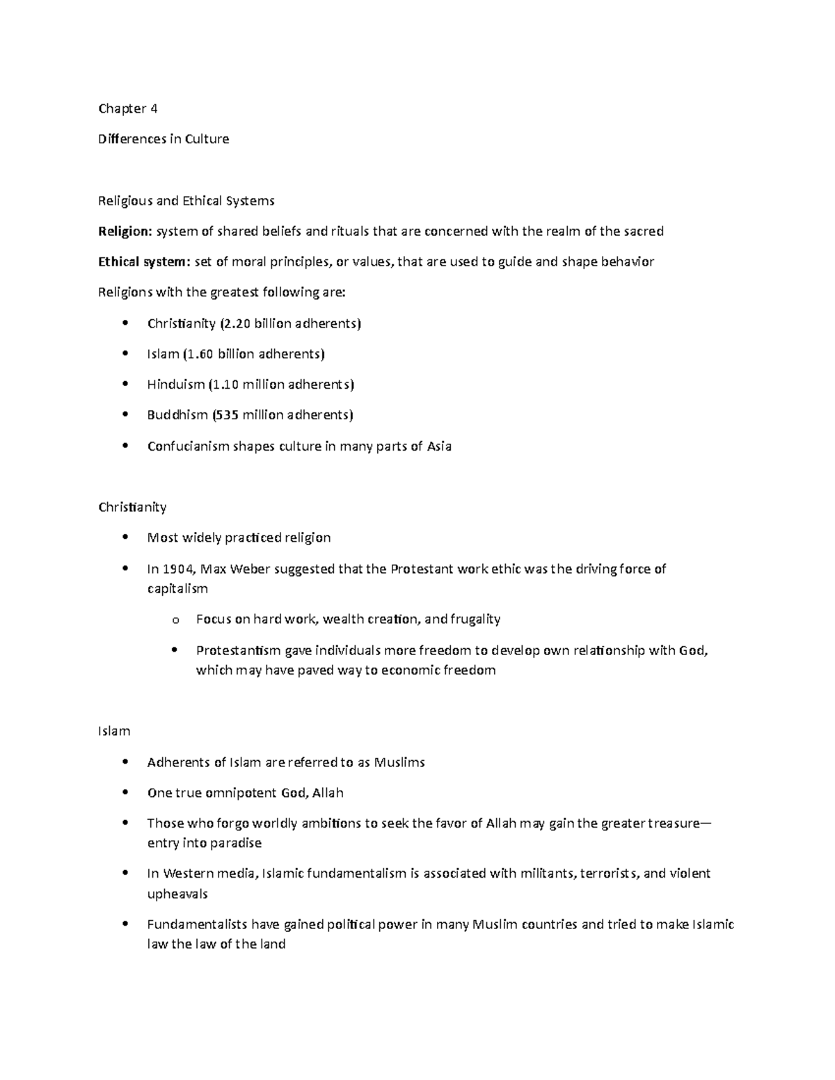 Chapter 4 Lecture Notes 4 - Chapter 4 Differences in Culture Religious ...
