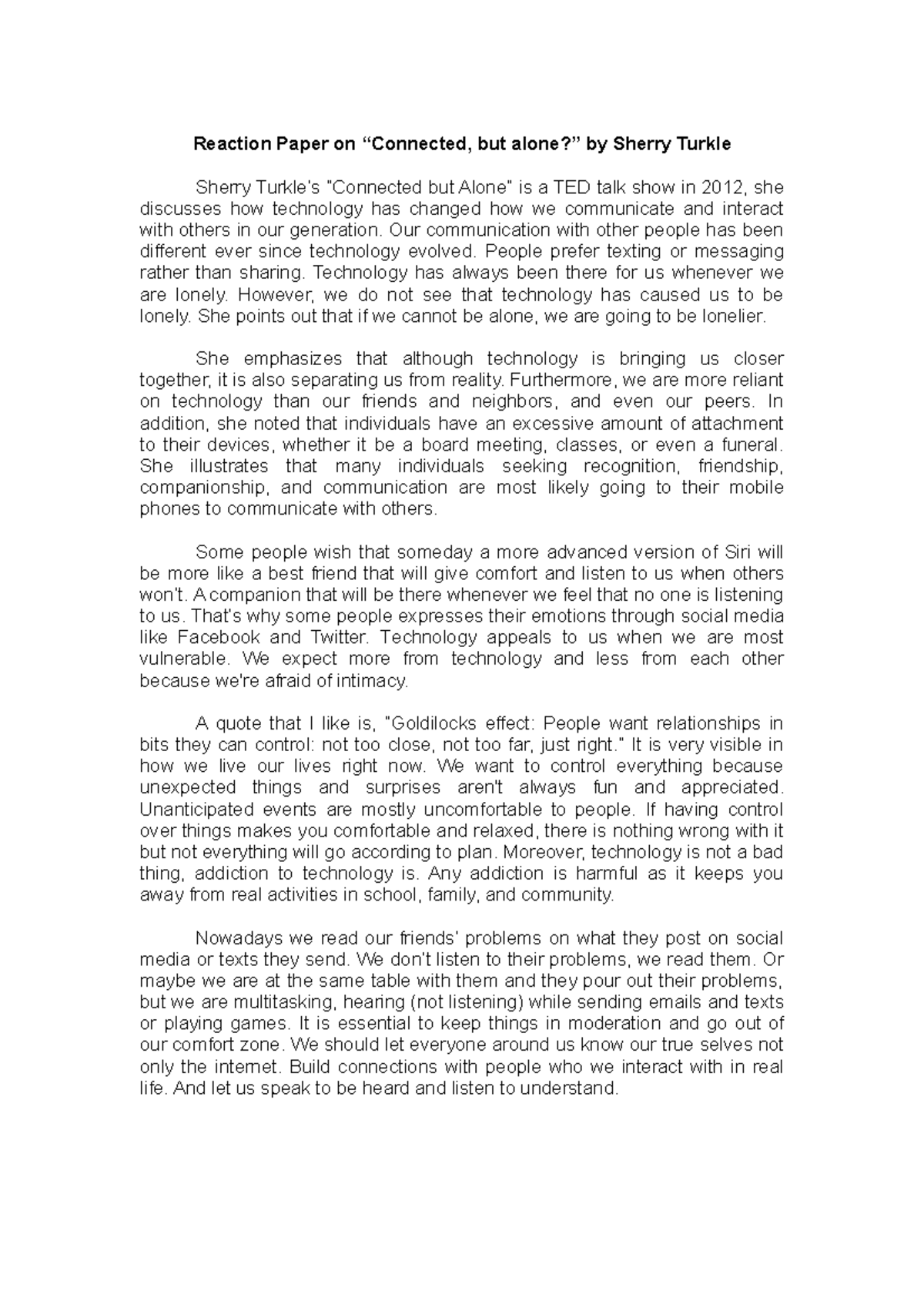 Reaction Paper on Connected, but alone - Our communication with other ...