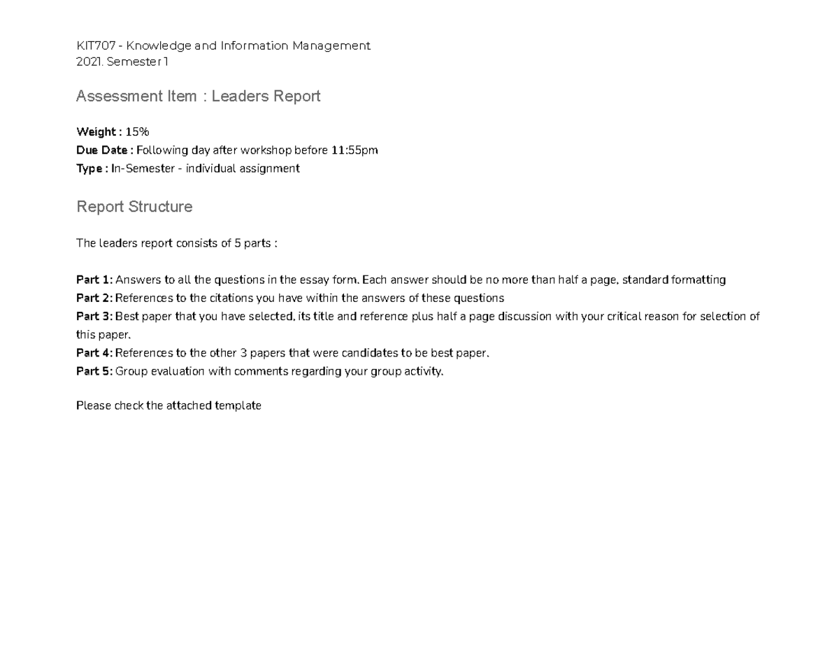 Leaders report structure and specification - KIT707 - Knowledge and ...