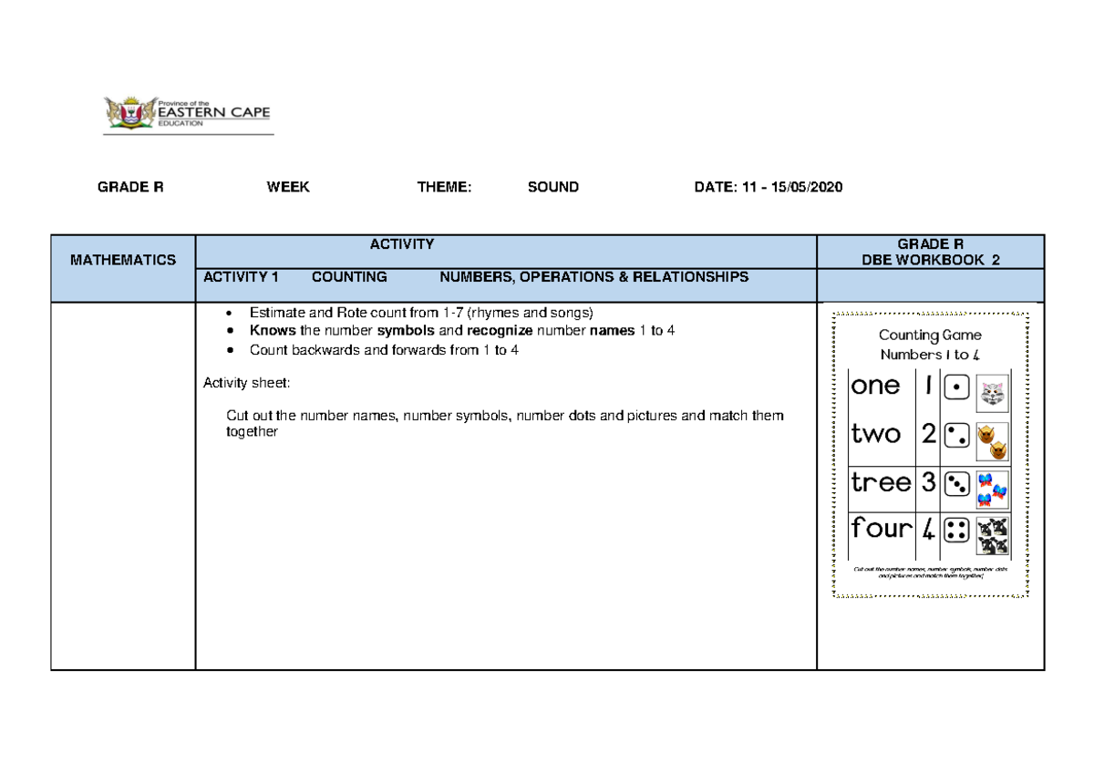 Grade R -week 6 - GRADE R WEEK THEME: SOUND DATE: 11 - 15 /05/ 2020 ...