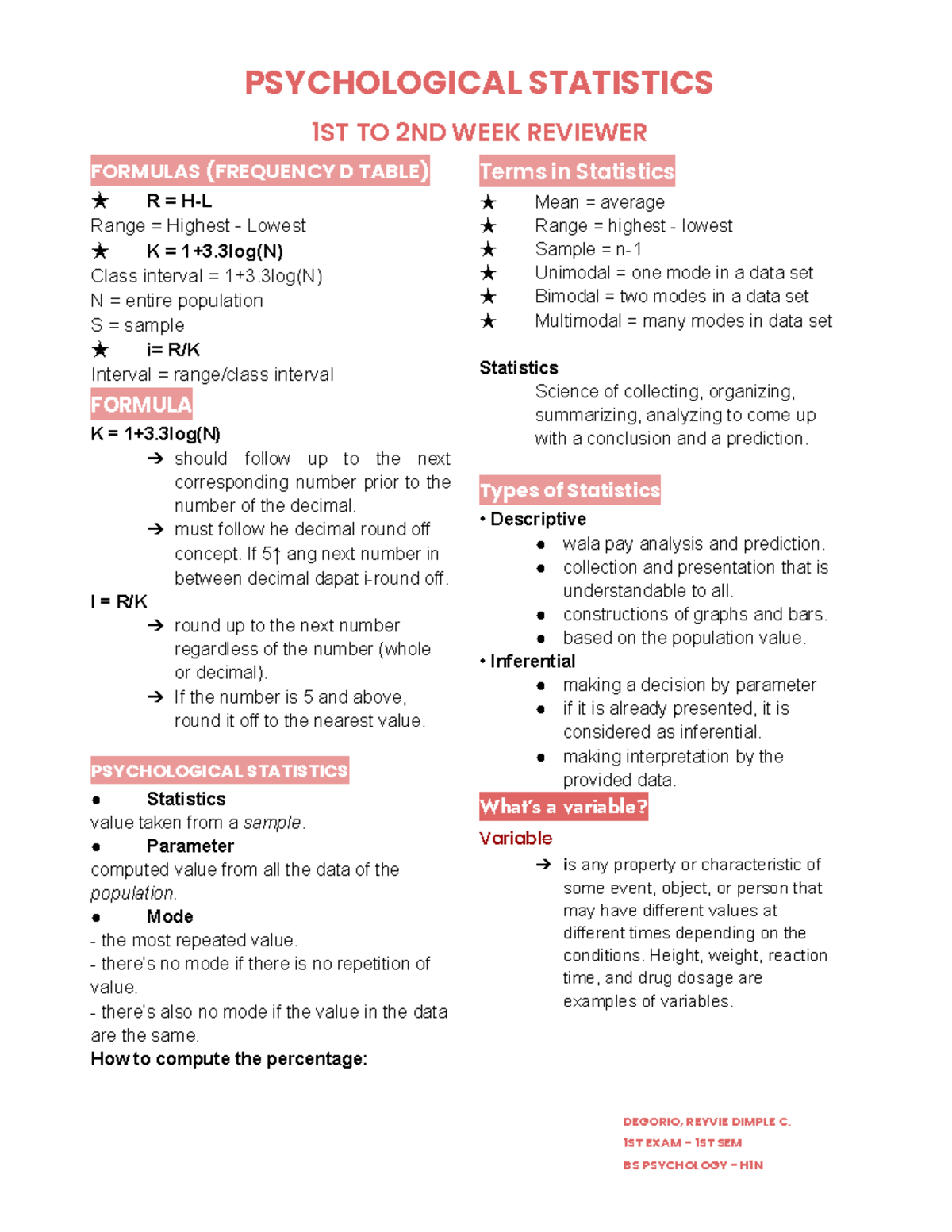 Psych Stats - 1ST TO 2ND WEEK REVIEWER FORMULAS (FREQUENCY D TABLE ...