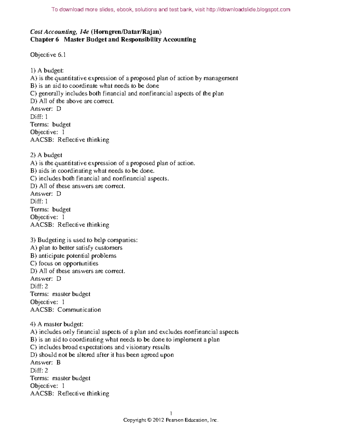 Chapter 6 master budget and responsibility accounting - 1 Cost ...