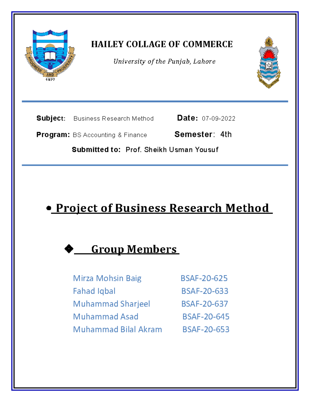 BRM Project - HAILEY COLLAGE OF COMMERCE University of the Punjab ...
