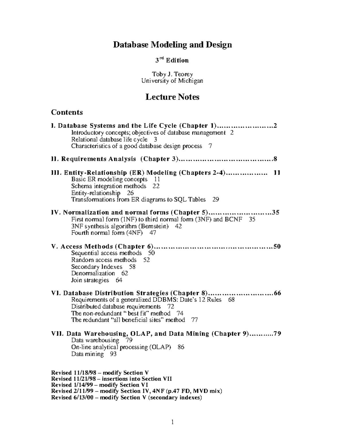 Lec - Notes - Database Modeling and Design 3 rd Edition Toby J. Teorey ...
