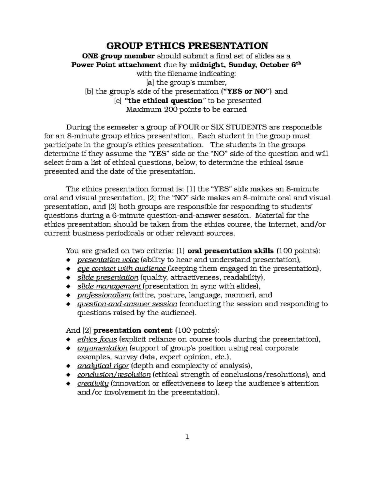 Group presentation - GROUP ETHICS PRESENTATION ONE group member should ...