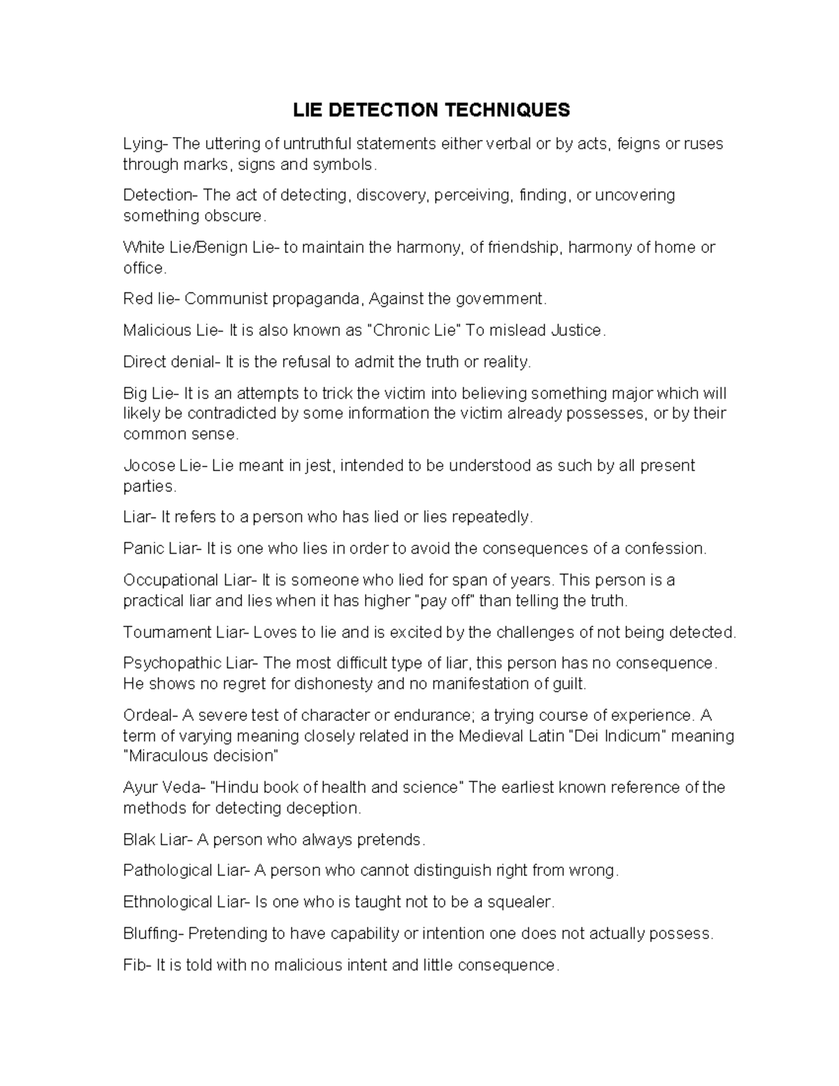 LIE- Detection - LIE DETECTION TECHNIQUES Lying- The uttering of ...