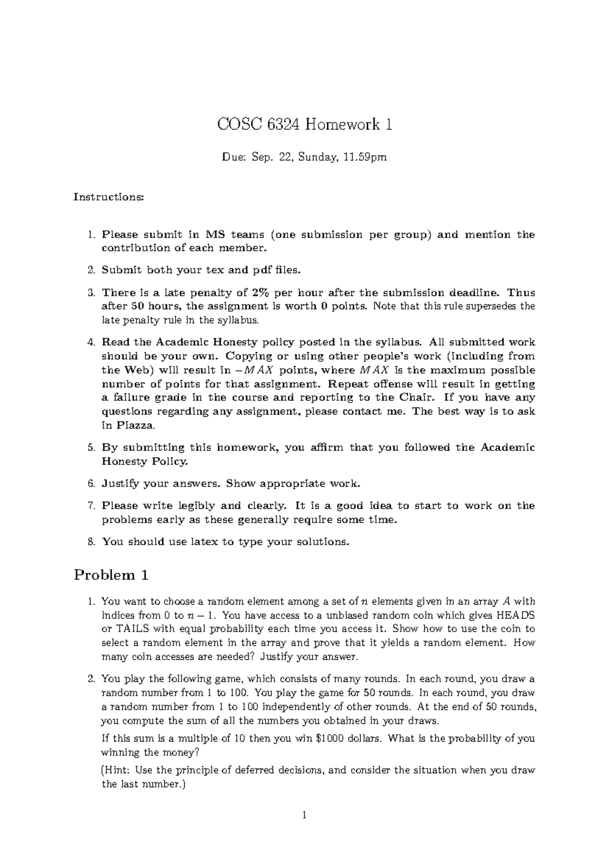 COSC6324 Fall2024 Hw 1 1 - COSC 6324 Homework 1 Due: Sep. 22, Sunday, 11 Instructions: Please ...