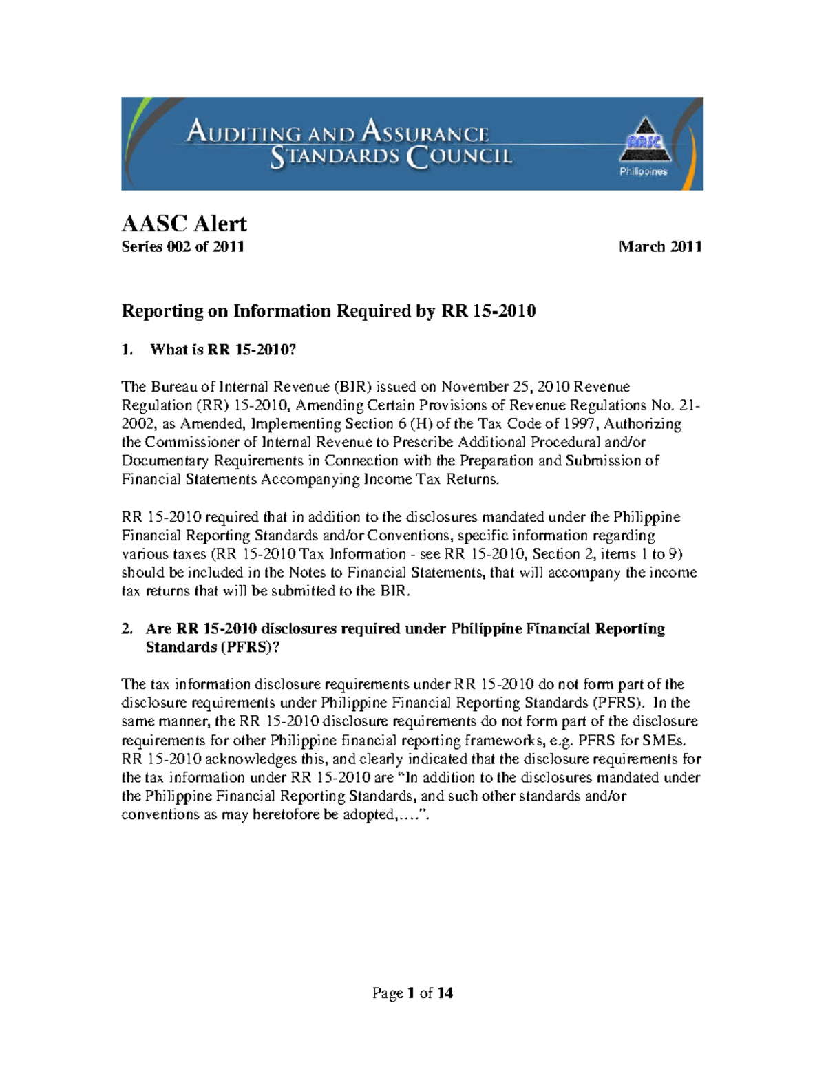 AASC Alert 002 2011 QA on RR 15 2010 revised 2 - AASC Alert Series 002 ...