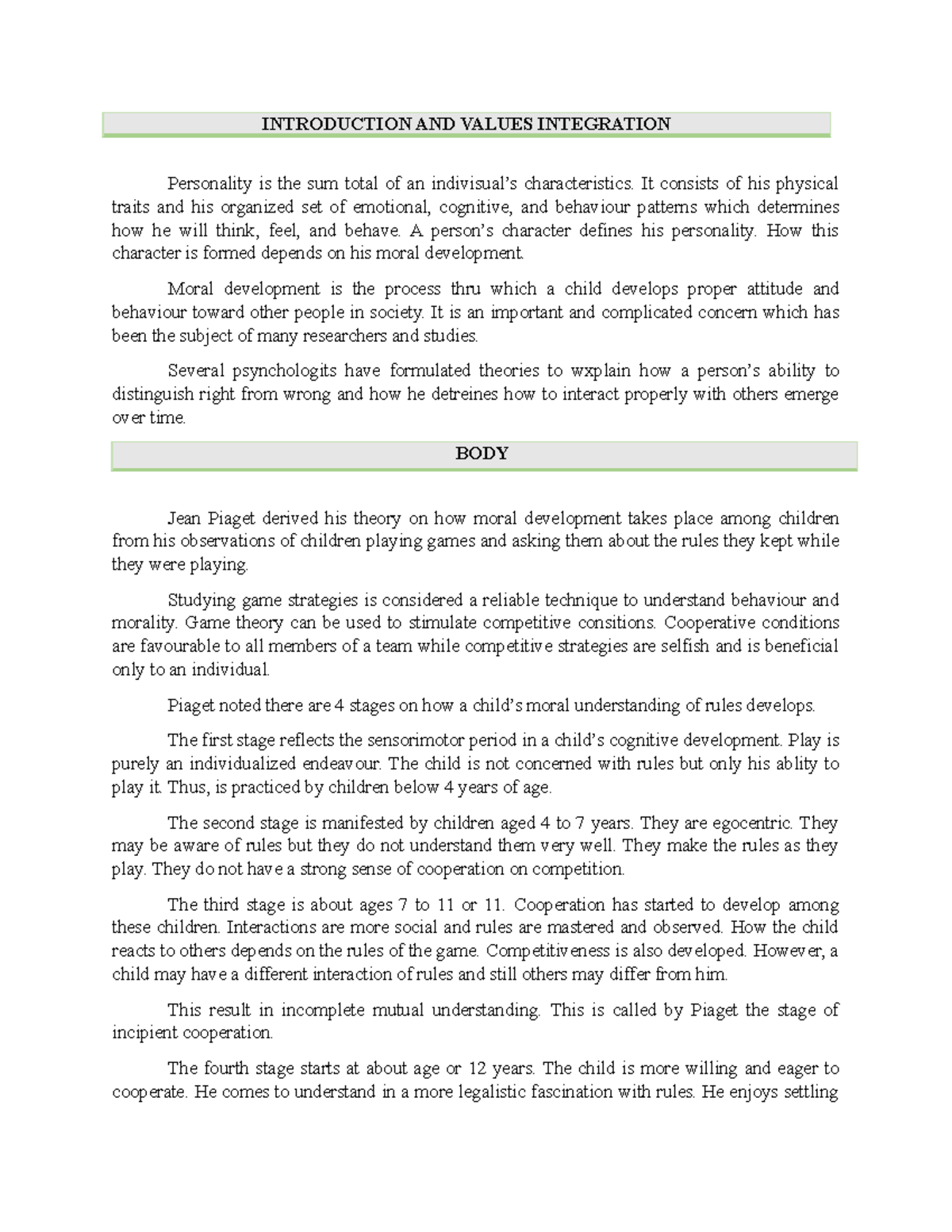 Module 5 VED 4 - INTRODUCTION AND VALUES INTEGRATION Personality is the ...