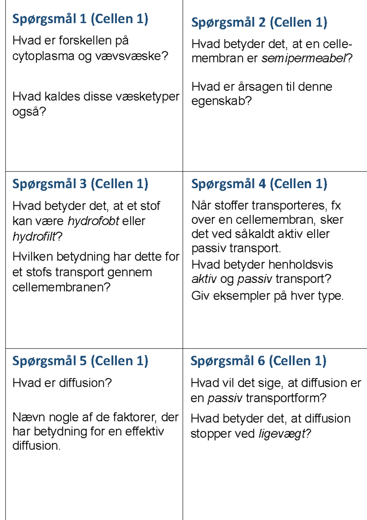 An-fys 2.1 Spørgsmål-svar kort (Cellen, transport over cellemembranen ...
