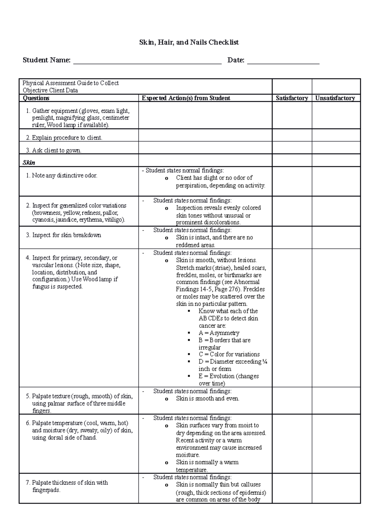 Skin, Hair and Nails Checklist - Skin, Hair, and Nails Checklist ...
