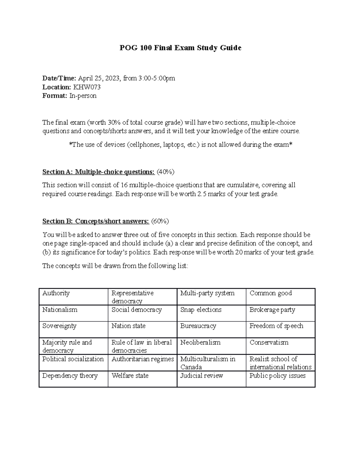 POG 100 final exam study guide - POG 100 Final Exam Study Guide Date ...