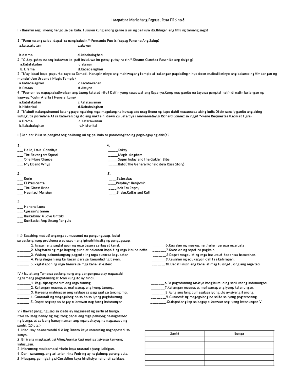 Ikaapat na Markahang Pagsusulit sa Filipino 6 - ) Basahin ang linyang ...