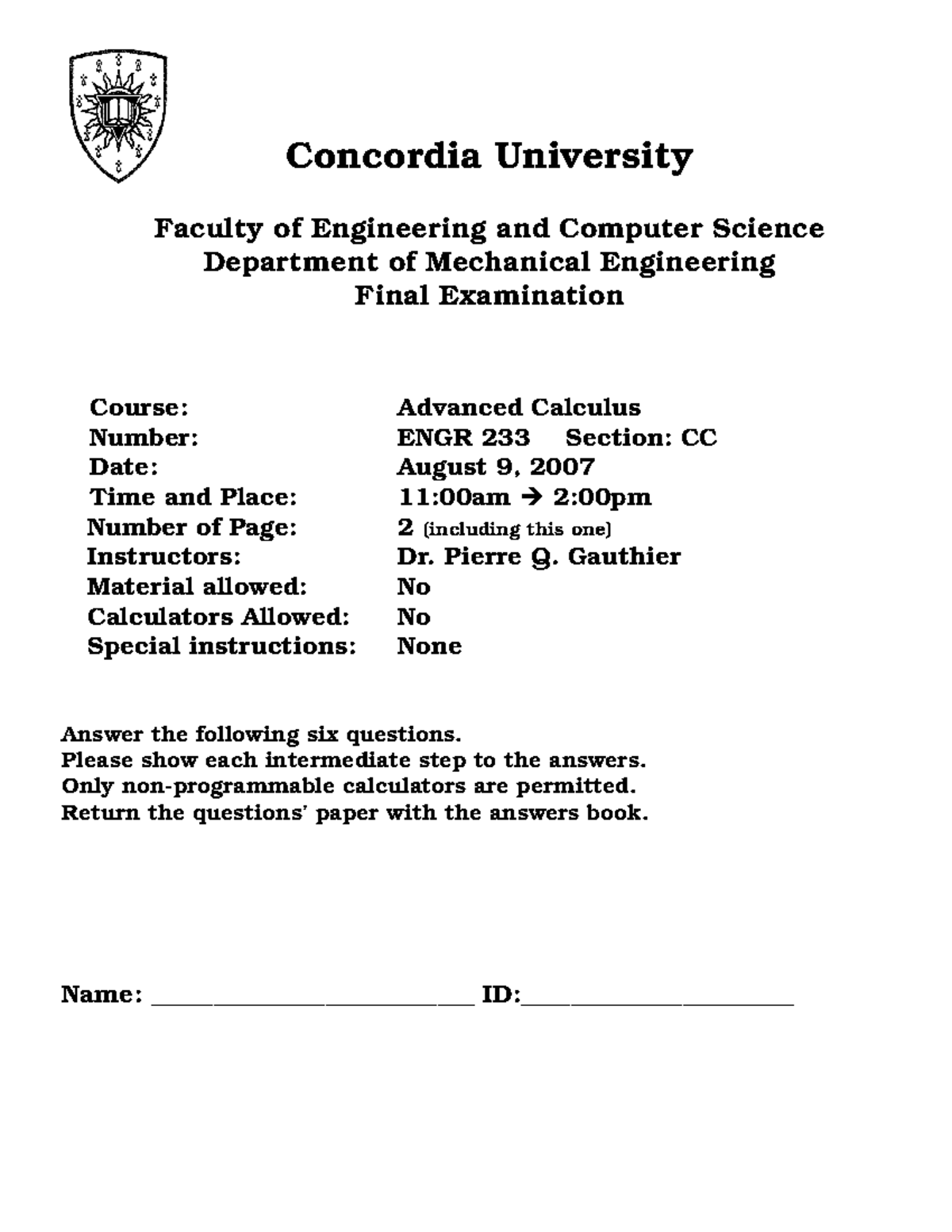 ENGR 233 - Final (2007-S) - Concordia University Faculty of Engineering and Computer Science ...