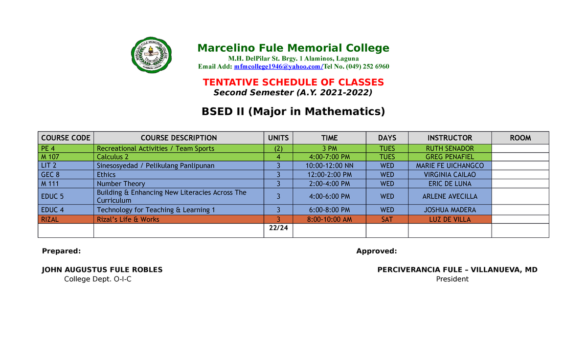 BSED-2 Class Schedule - Lecture notes kjkjkj - Marcelino Fule Memorial ...