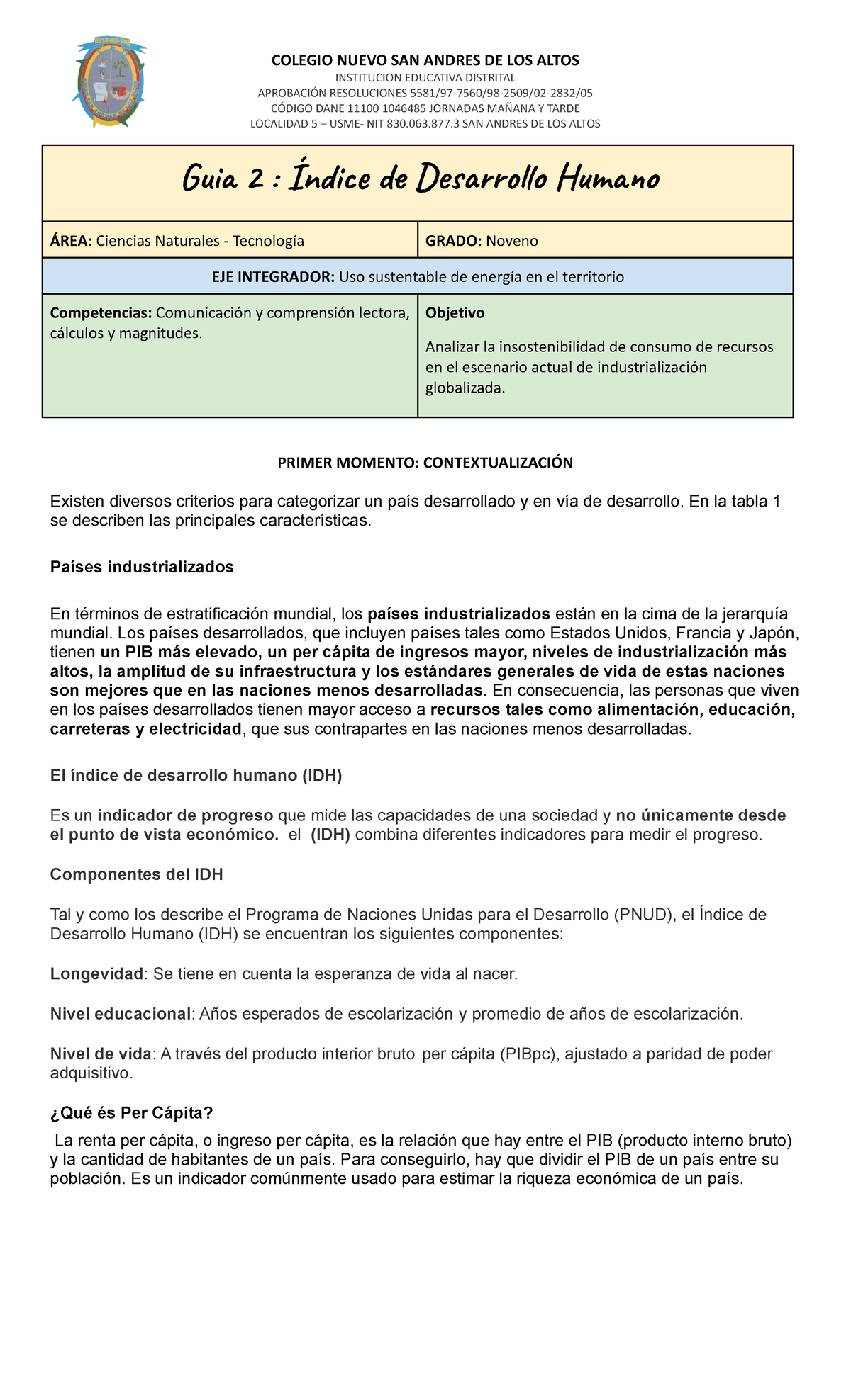 Guía 02 IDH Índice de desarrollo Humano - COLEGIO NUEVO SAN ANDRES DE ...