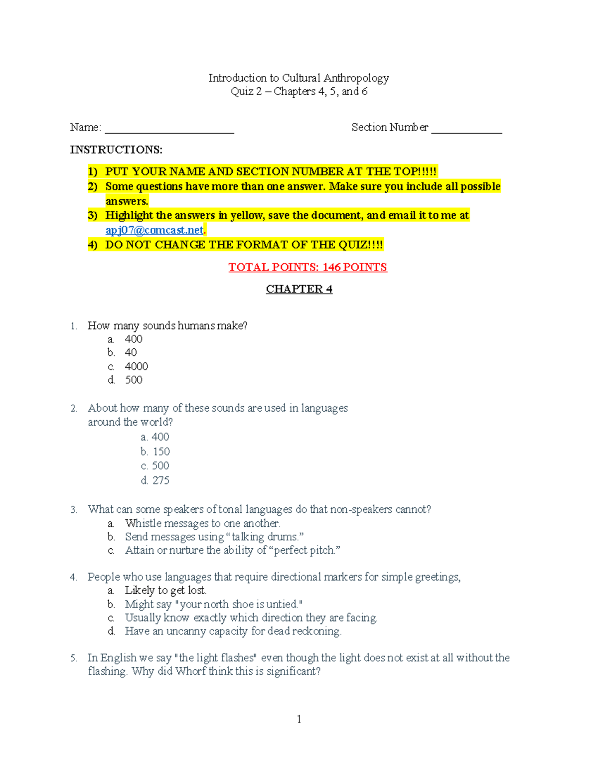 Quiz 2 QUE F23 - quiz 2 - Introduction to Cultural Anthropology Quiz 2 ...