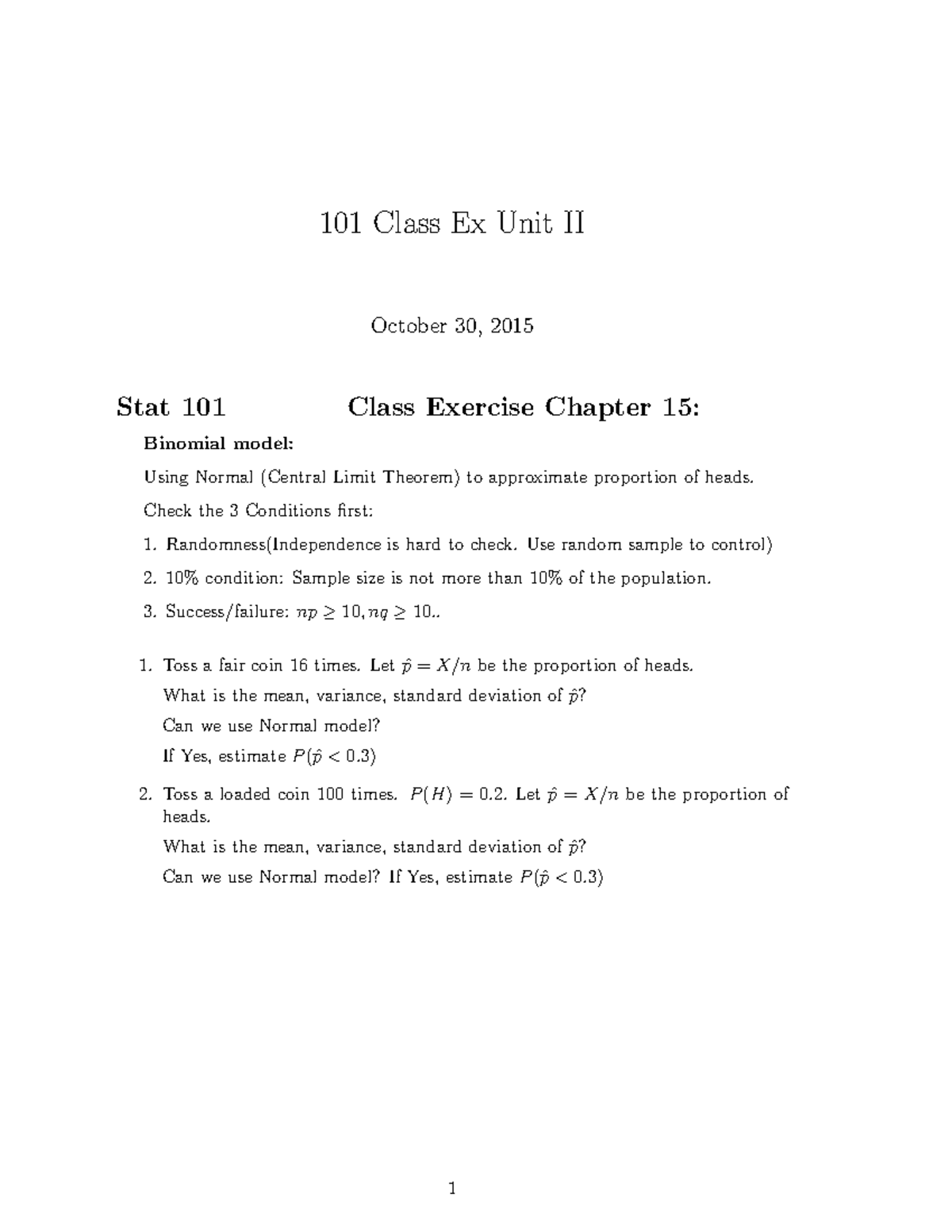101Class Ex Ch 15 - Lecture notes 15 - 101 Class Ex Unit II October 30 ...