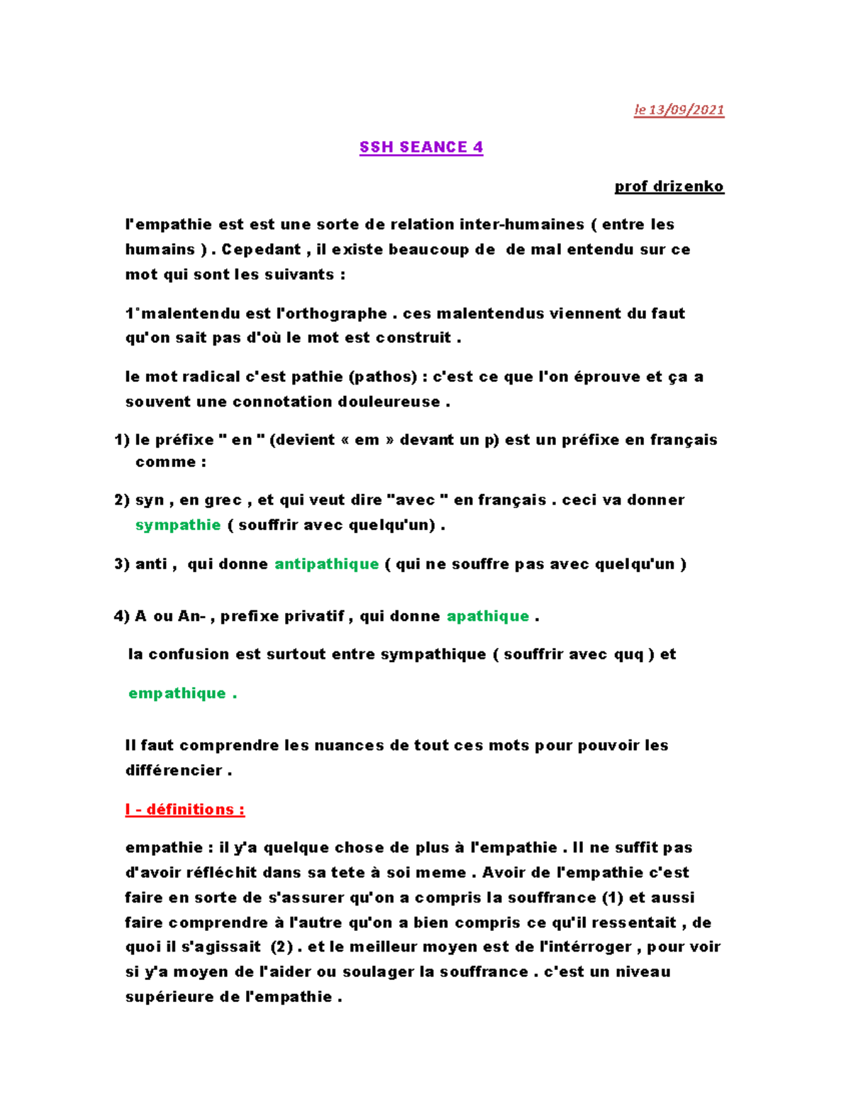 l Empathie dans le domaine de la medecine - SSH SEANCE 4 le 13/09/ prof ...