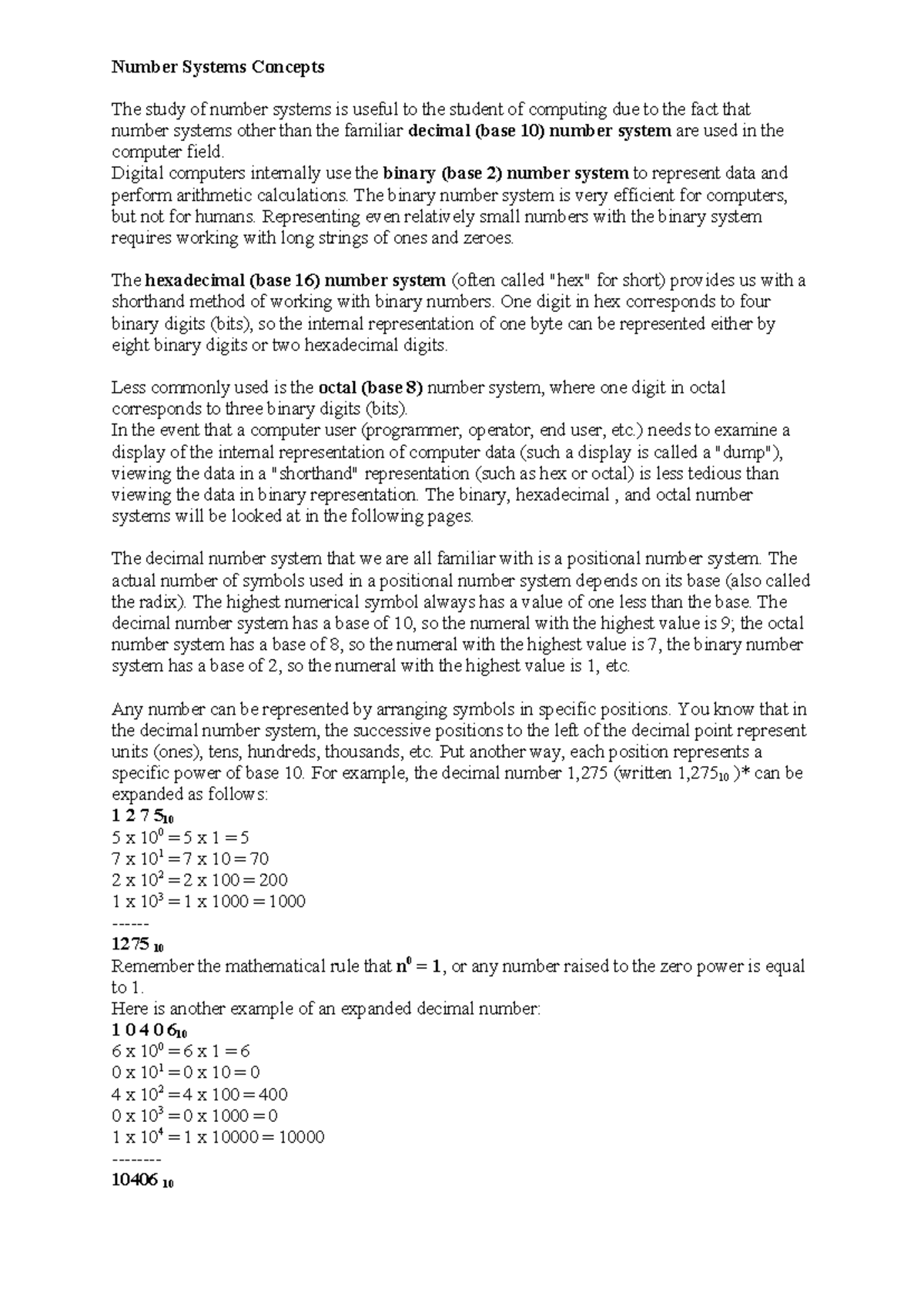 Chapter 4 - notes - Number Systems Concepts The study of number systems ...