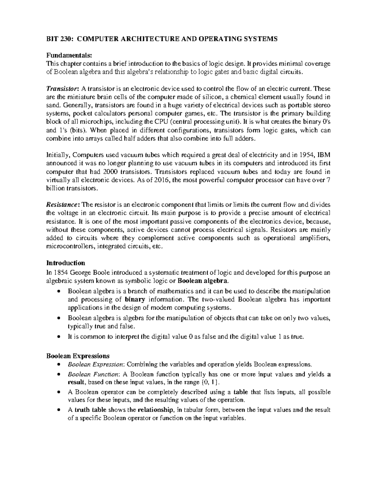 Chapter One Revision Lecture Notes Bit 230 Computer Architecture And Operating Systems