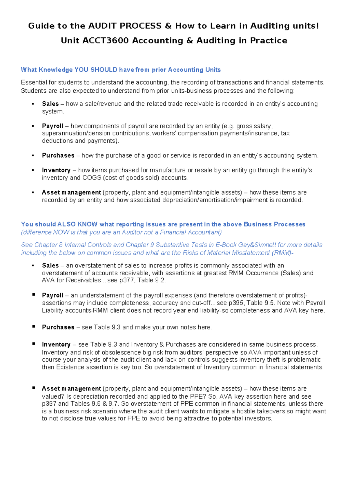 ACCT3600 Guide to Audit Process & Notes Suggestion - Guide to the AUDIT ...
